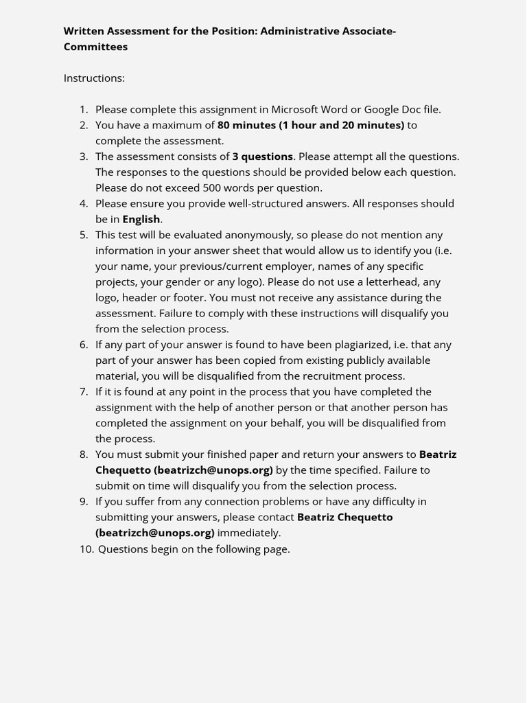 Written Assessment For The Position - Administrative Associate ...