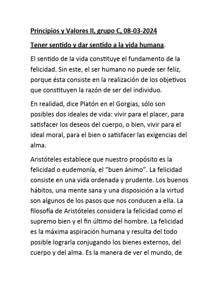 Principios Y Valores II C 08 03 2024 PDF Felicidad Significado