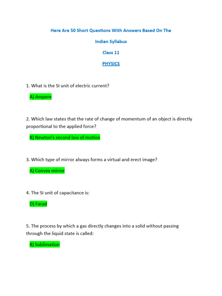 Physics Short Questions Class 11 | PDF | Waves | Force