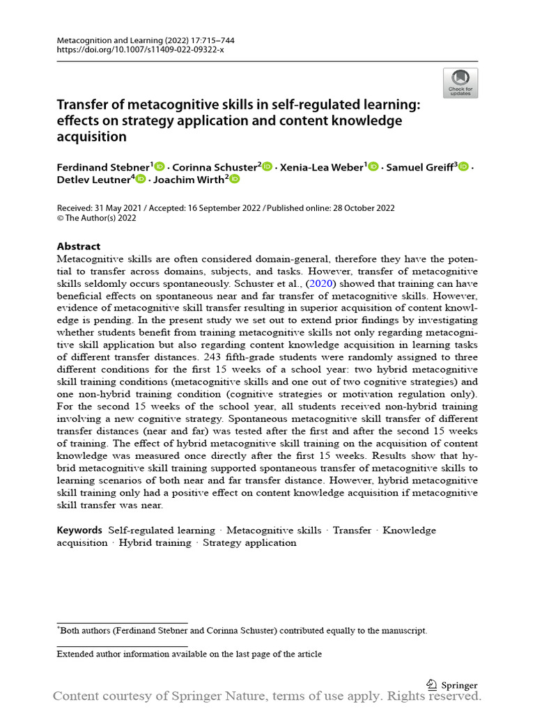 Transfer Of Metacognitive Skills In Self Regulated Pdf Metacognition Learning