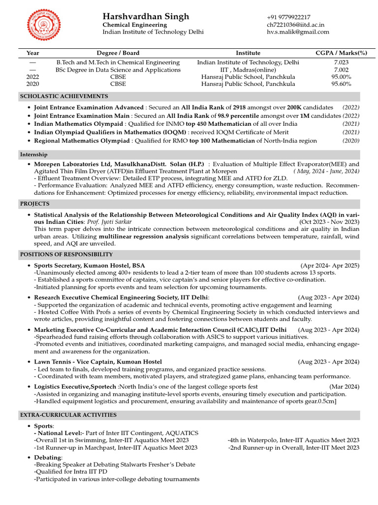 Harshvardhan Singh Chemical Engineering Indian Institute of Technology Delhi +91 9779922217 ...
