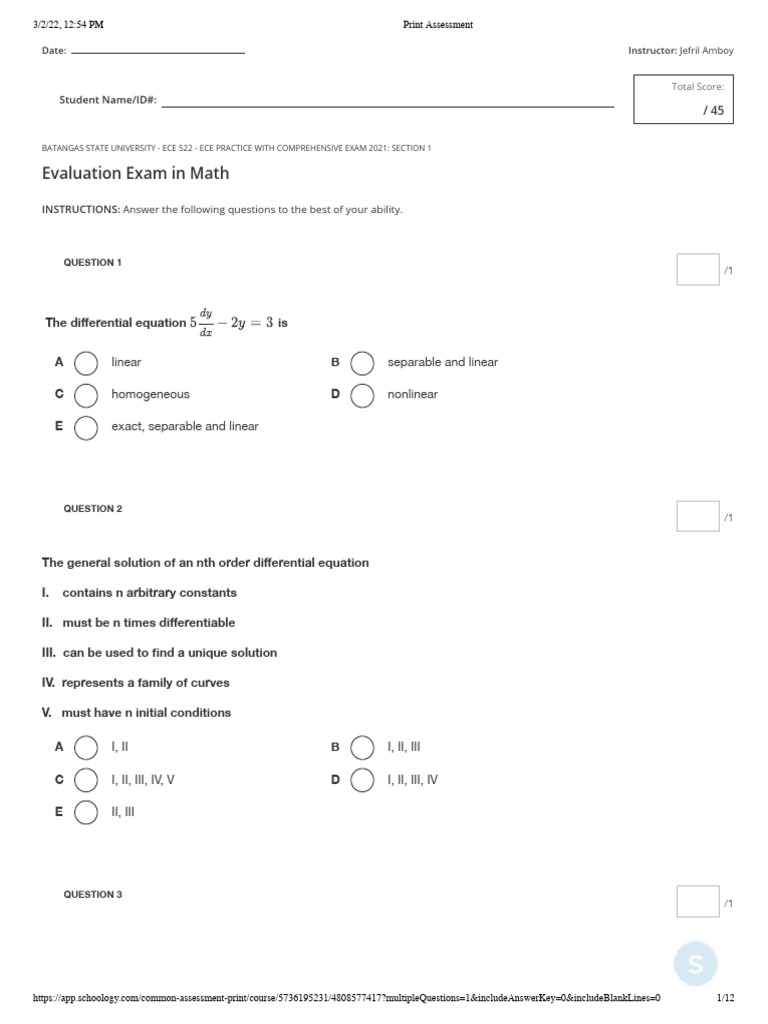 Evaluation Exam 1 in Math | PDF | Ellipse | Geometry