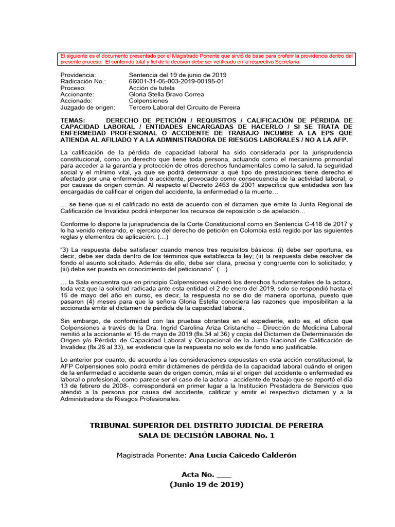 Tutela por Calificación Laboral en Colpensiones | PDF | Debido al ...