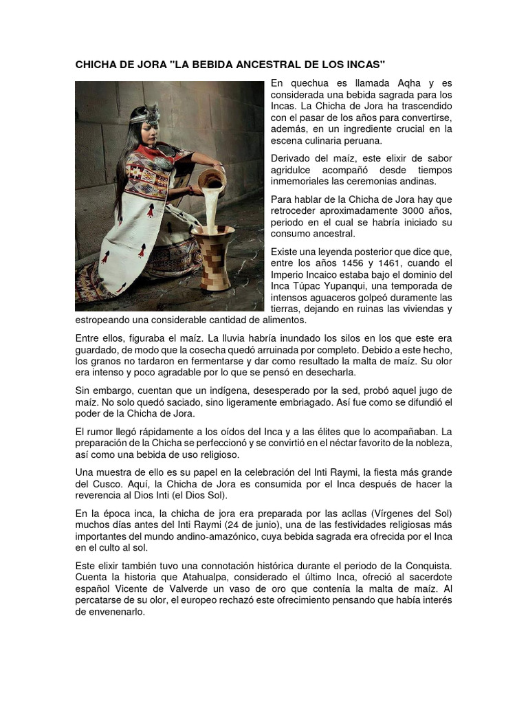 Chicha de Jora: Bebida Sagrada Incaica | PDF | Imperio Inca | Perú