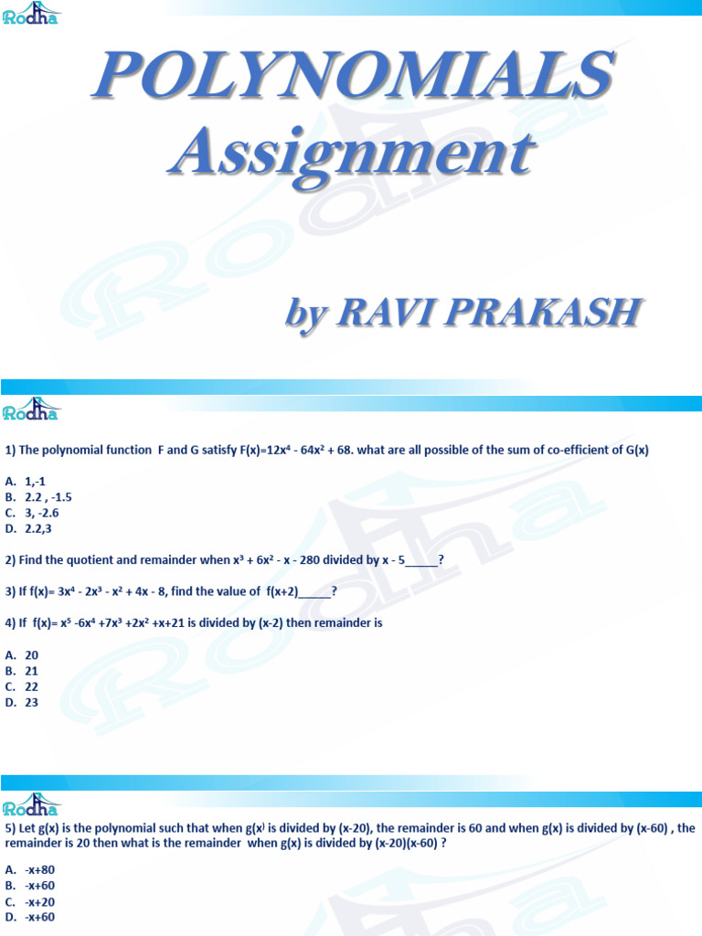 Polynomials Assignment | PDF | Polynomial | Equations