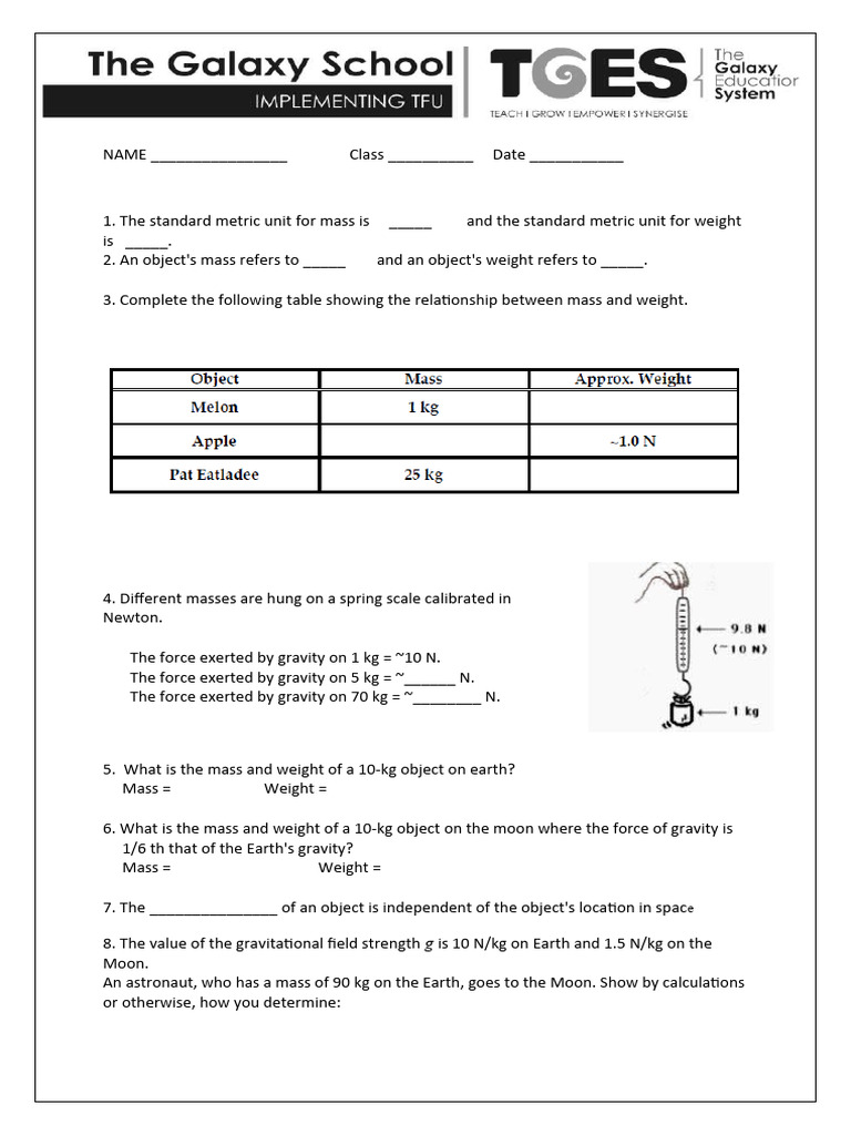worksheet_for_mass_and_weight | PDF | Weight | Mass
