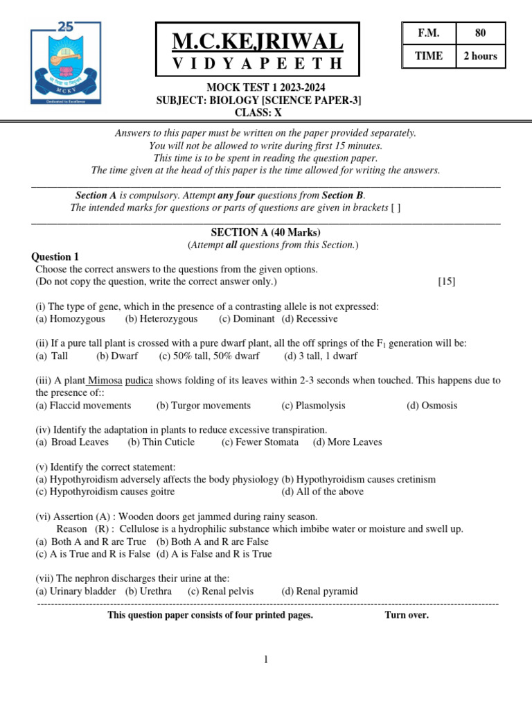 10 Biology Mock Test 1 | PDF | Genotype | Zygosity
