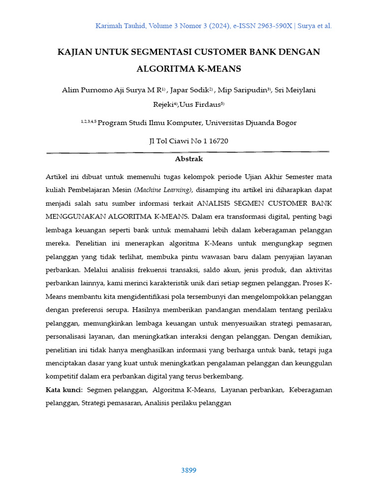 Kajian Untuk Segmentasi Customer Bank Dengan Algoritma K-Means | PDF