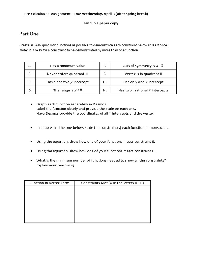 Quadratics Assignment Mar 12 | PDF | Function (Mathematics) | Quadratic ...
