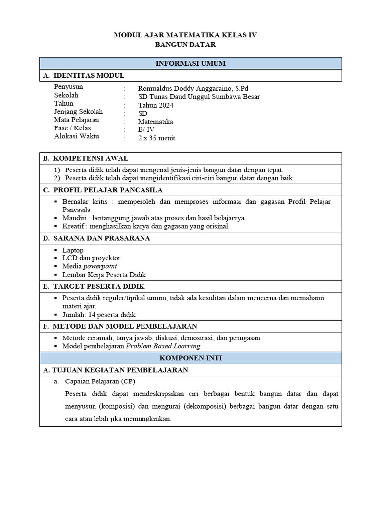 Modul Ajar Keliling Bangun Datar Kelas IV | PDF | Karier & Perkembangan