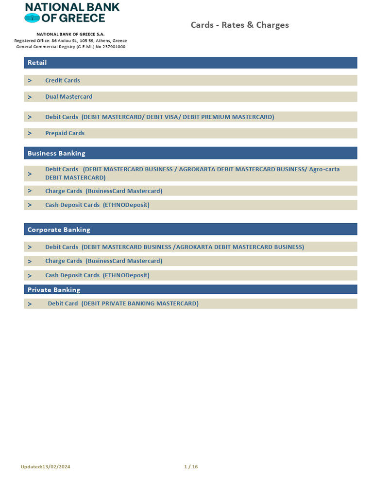 NBG Cards: Rates & Charges Overview | PDF | Debit Card | Credit Card