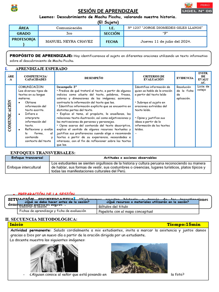 11 de Julio SESION COM LEEMOS Sobre Machu Picchu Sujeto | PDF | Machu ...