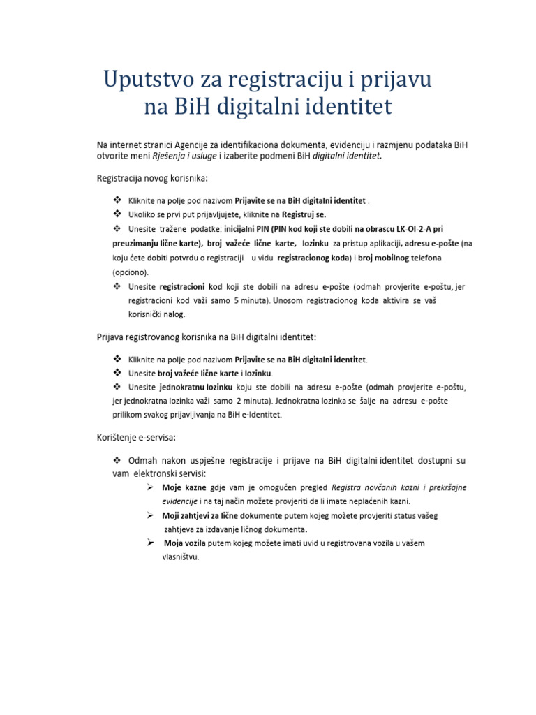 BiH-digitalni-identitet Uputstvo Za Registraciju I Prijavu BS | PDF