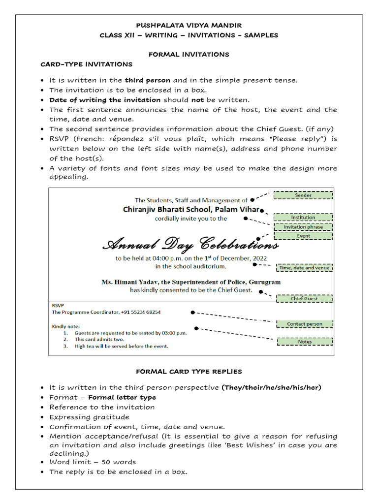 CLASS XII - FORMAL INVITATIONS - REPLIES - CARD TYPE - SAMPLES - DONE | PDF