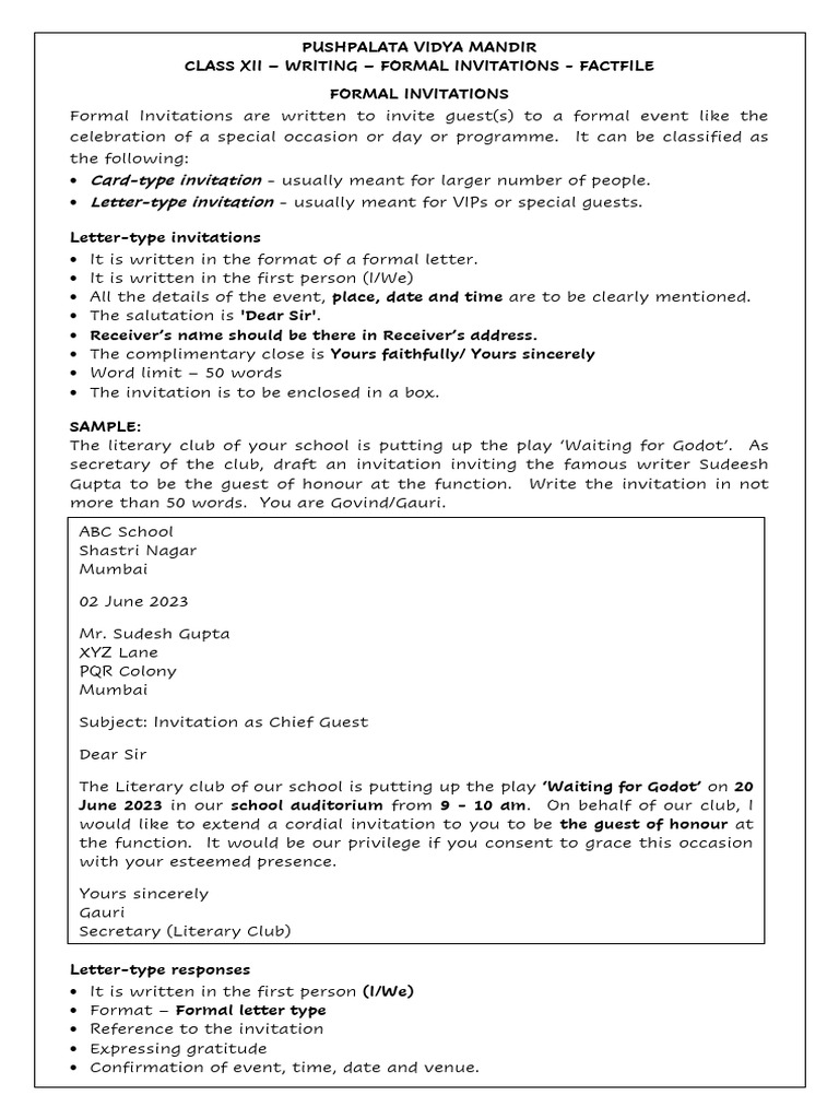 Class Xii - Formal Invitations - Replies - Letter Type - Factfile ...