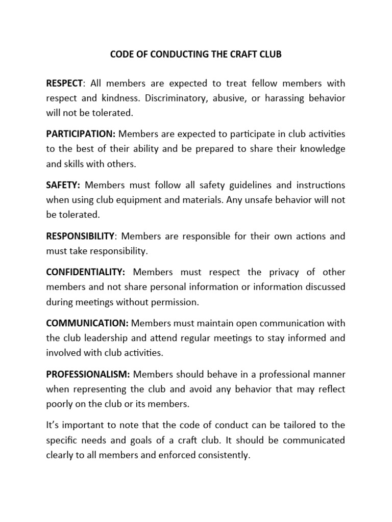 Craft Club Code of Conduct Guidelines | PDF