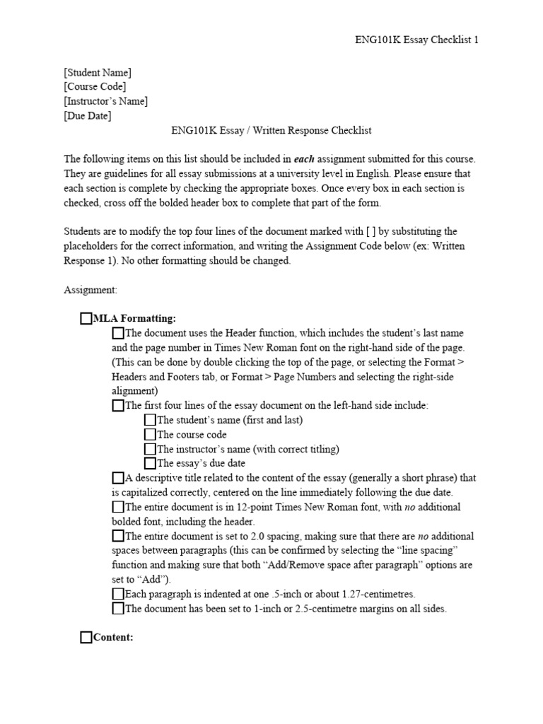 Essay - Written Response Checklist | PDF | Paragraph | Essays