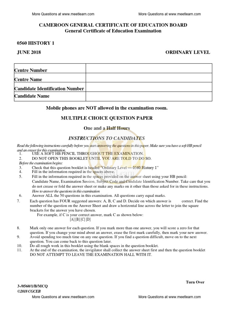 2018 Cameroon O Level History Exam | PDF | Africa | Cameroon