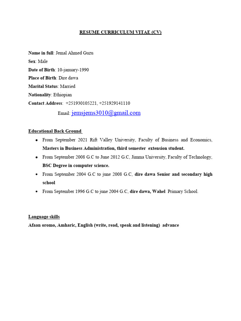 Jemal Ahmed CV | PDF