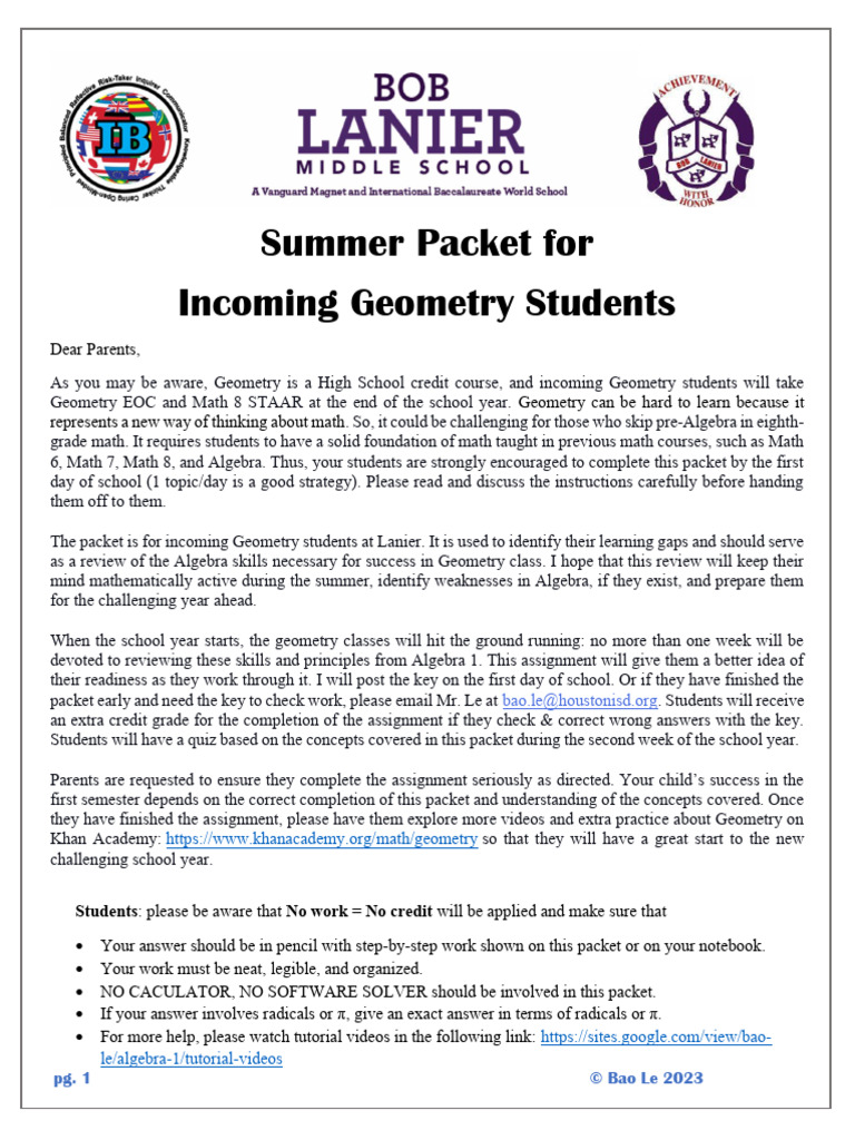 Summer Packet For Incoming Geometry Students | PDF | Quadratic Equation ...
