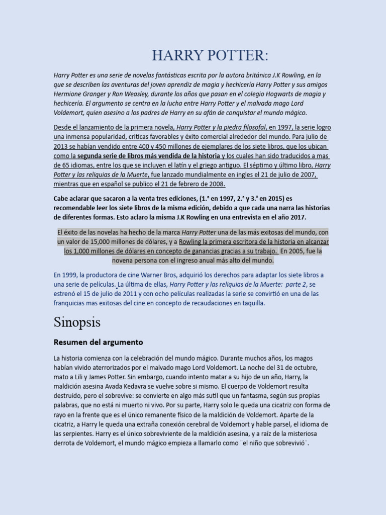 HARRY POTTER - Docx Tarea | PDF | Harry Potter | Novelas de fantasía contemporánea