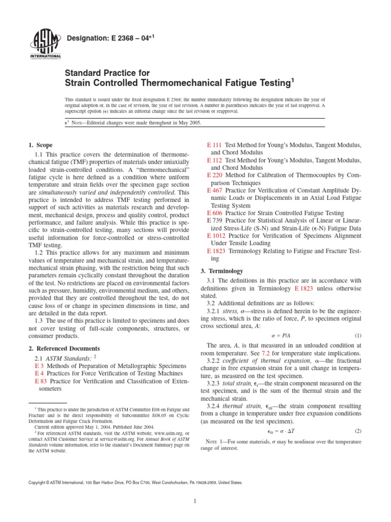 Strain Controlled Thermomechanical Fatigue Testing: Standard Practice ...