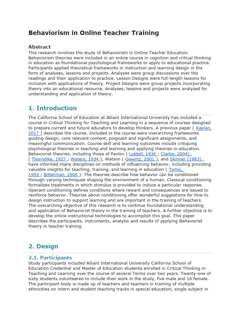 ARTICLE 1 Behaviorism in Online Teacher Training | PDF | Reinforcement ...