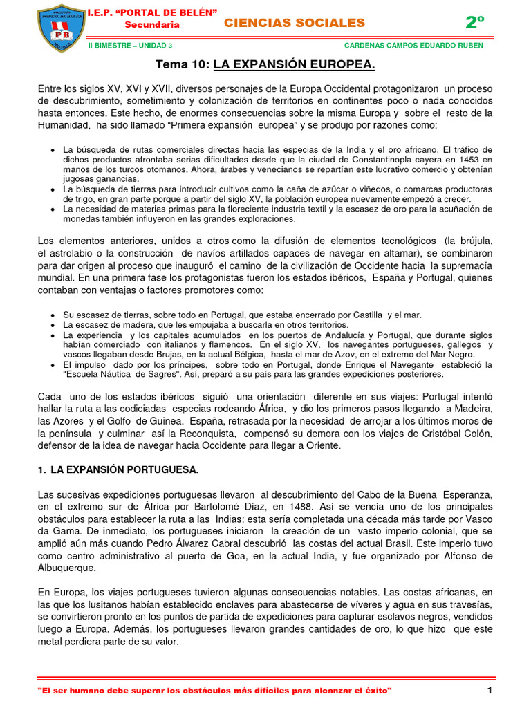 PDB CC - Ss 2° II B U3 s10. La Expansión Europea. (T.a) | PDF | Cristobal colon | océano Pacífico