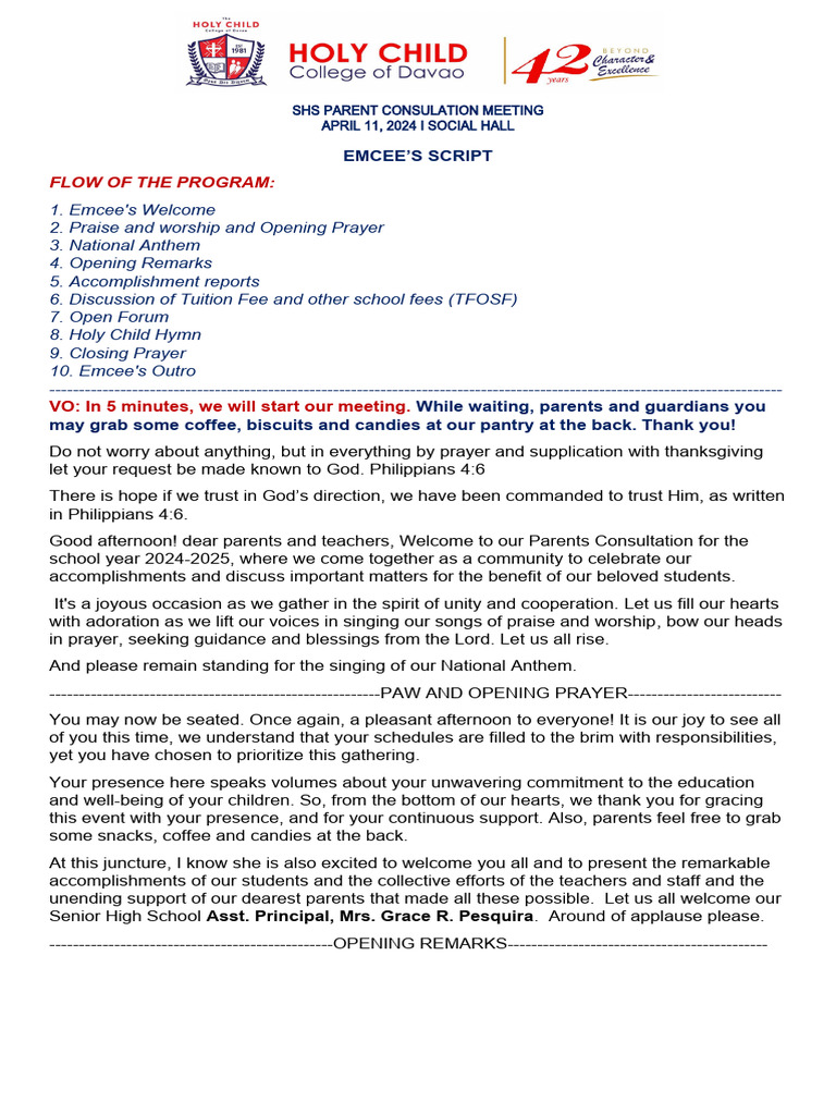 SHS Parents' Consultation Meeting 2024-2025 Script - Kalayaan | PDF | Prayer | Gratitude