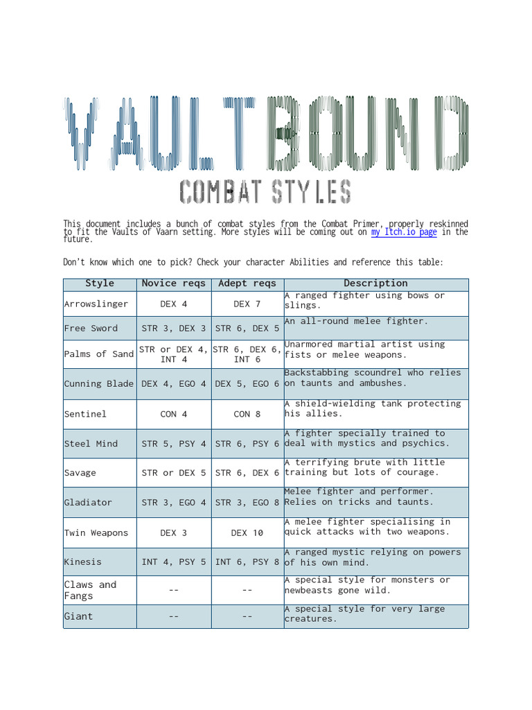 VAULTBOUND - Combat Styles (Fix2) | PDF