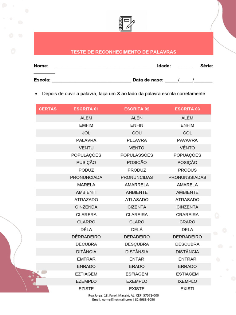 Teste de Reconhecimento de Palavras - Rosa | PDF