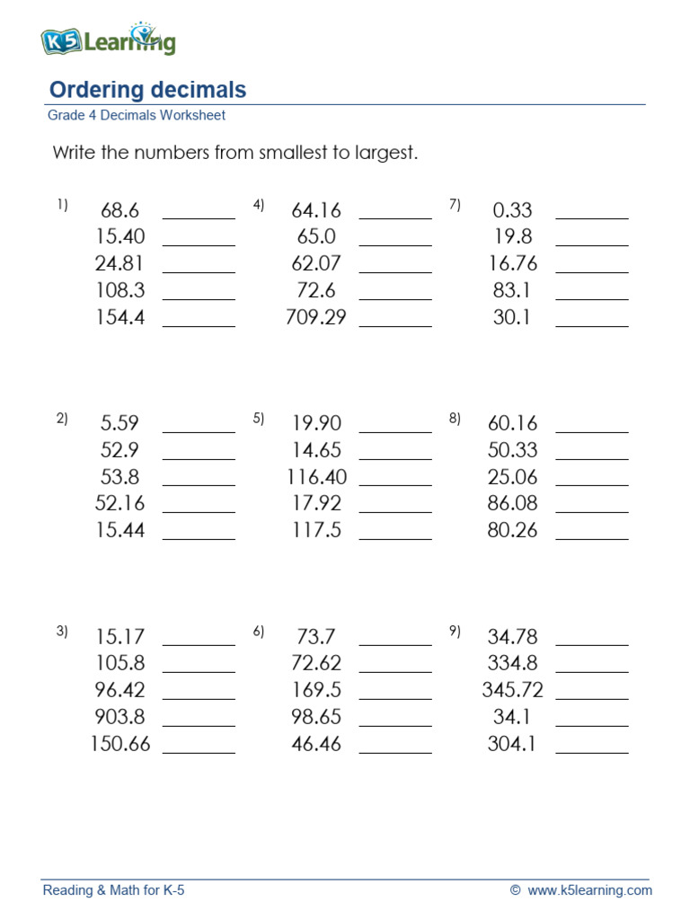Grade 4 Order Decimals B | PDF