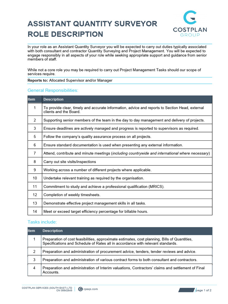 Assistant Quantity Surveyor Role Overview | PDF | Project Management ...