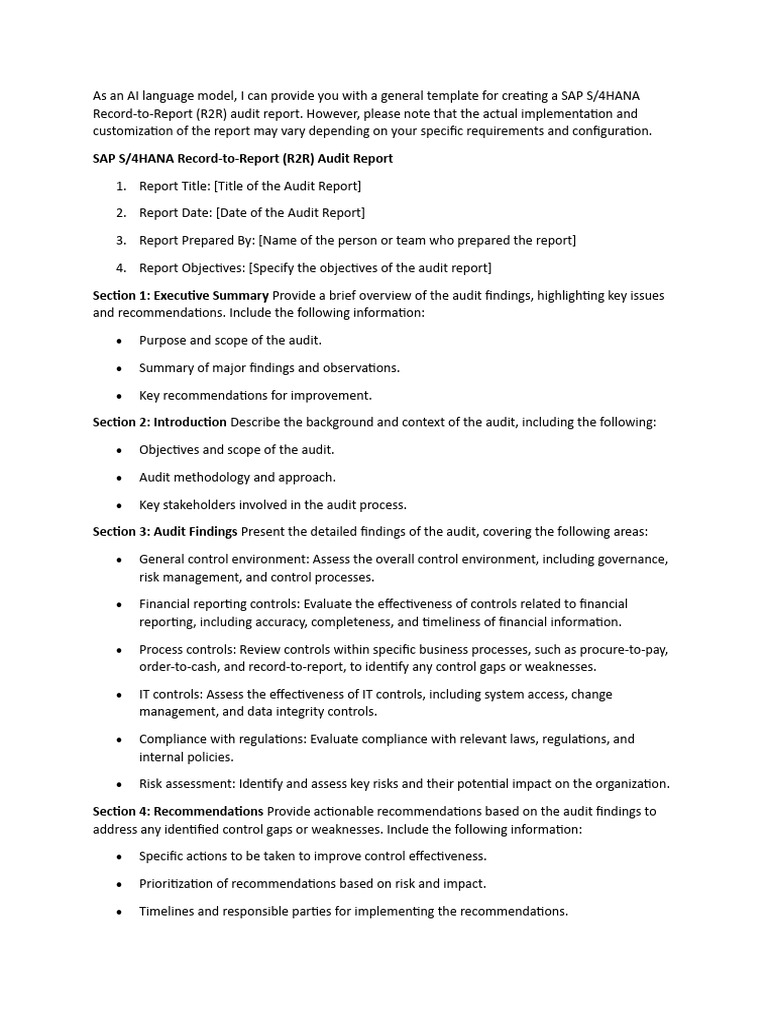 SAP S/4HANA R2R Audit Report Template | PDF | Audit | Evaluation