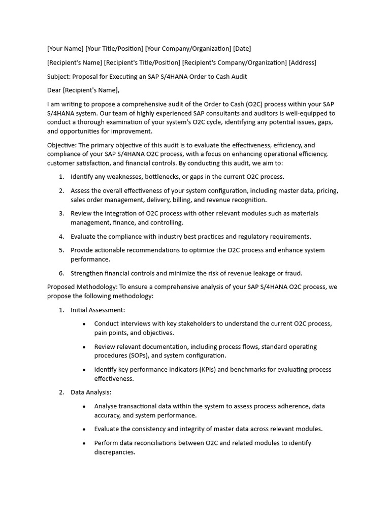 SAP S4 HANA O2C Audit Proposal | PDF | Audit | Internal Control
