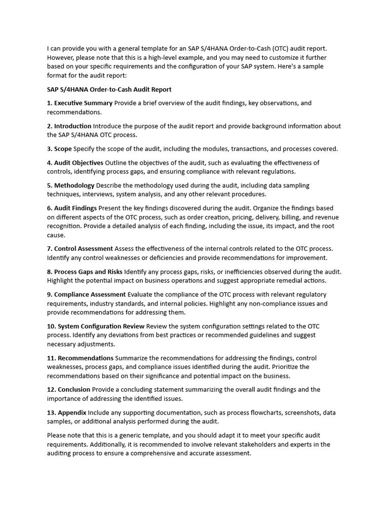 SAP S4 HANA O2C Audit Report | PDF | Audit | Regulatory Compliance