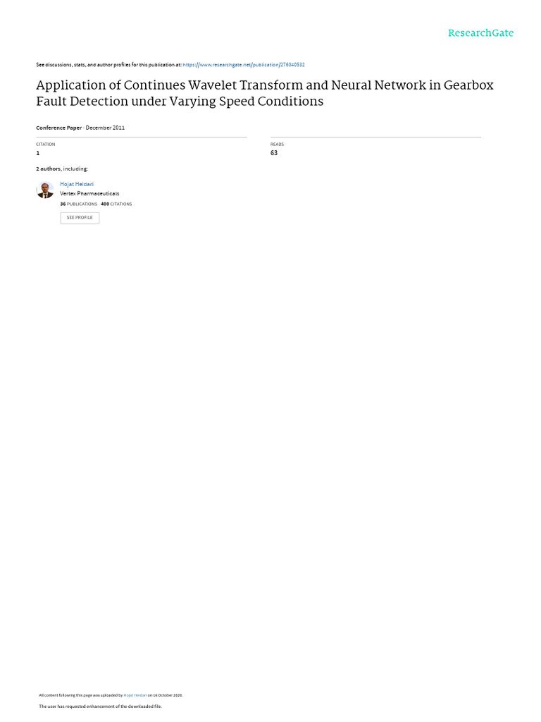 Application of Continues Wavelet Transform and Neural Network in Gearbox Fault Detection Under ...