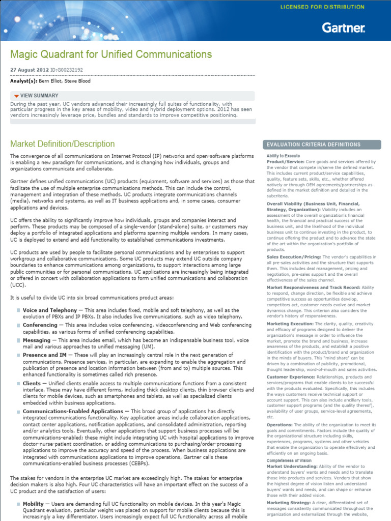 Magic Quadrant For Unified Communication 2012 | PDF | Cloud Computing | Desktop Virtualization