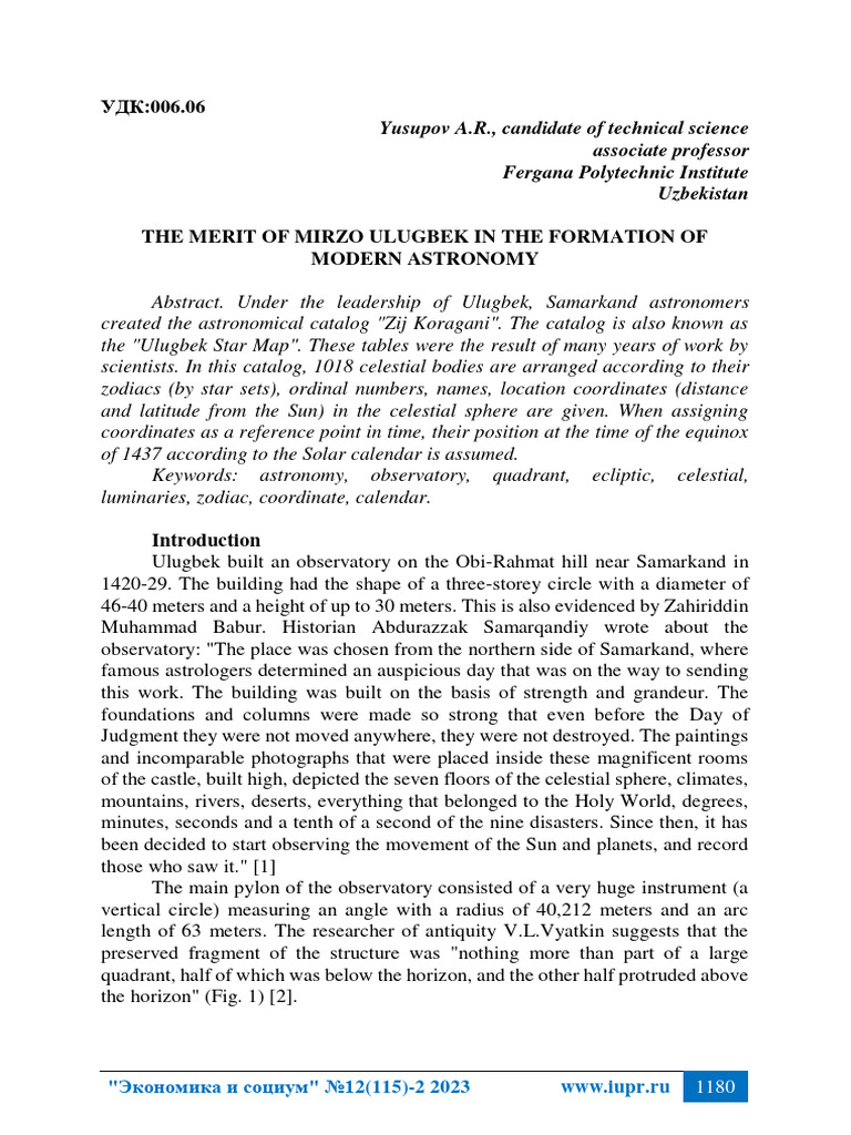 The Merit of Mirzo Ulugbek in The Formation of Modern Astronomy | PDF ...