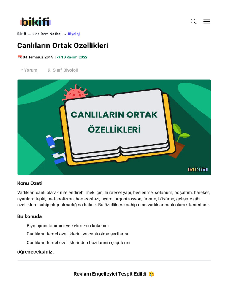 1-Canlıların Ortak Özellikleri - Bikifi | PDF