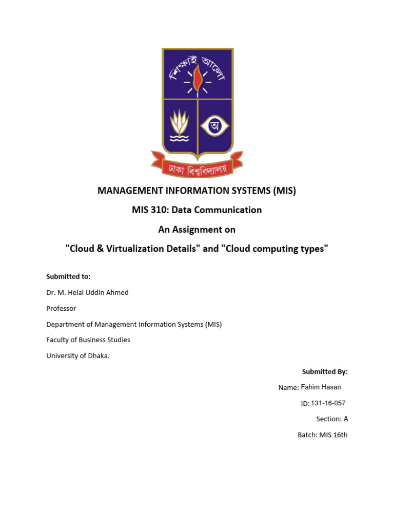 Management Information Systems (Mis) MIS 310: Data Communication An Assignment On "Cloud ...