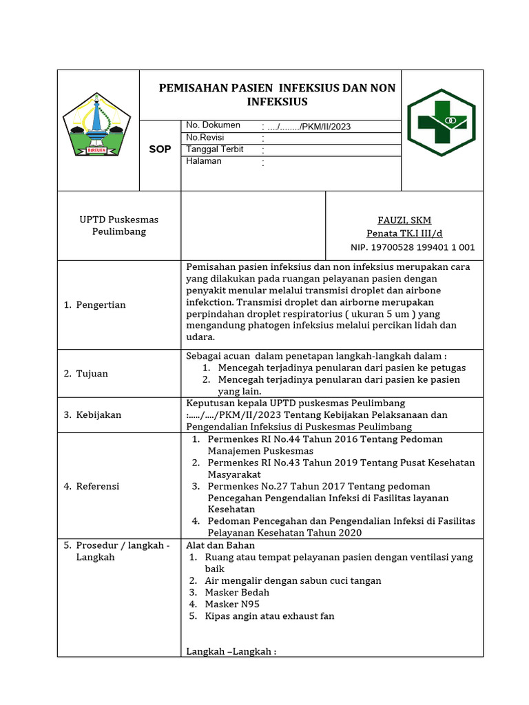 Sop Pemisahan Pasien Infeksius Dan Non Infeksius | PDF