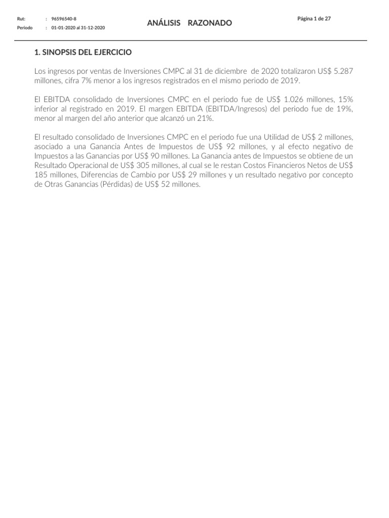 Resultados 2020 de Inversiones CMPC | PDF | Contabilidad | Estado de ...