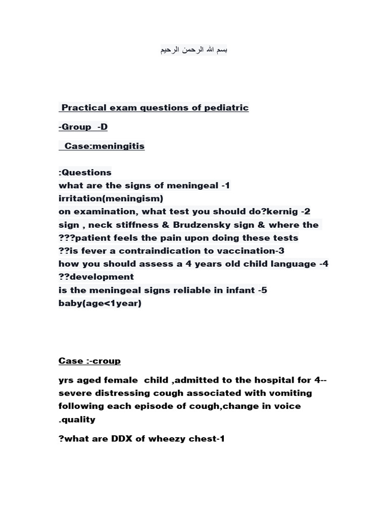 كتابة الطلاب Pediatric Practical Exam Questions Group -D - 8 (Muhadharaty) | PDF | Health Care ...