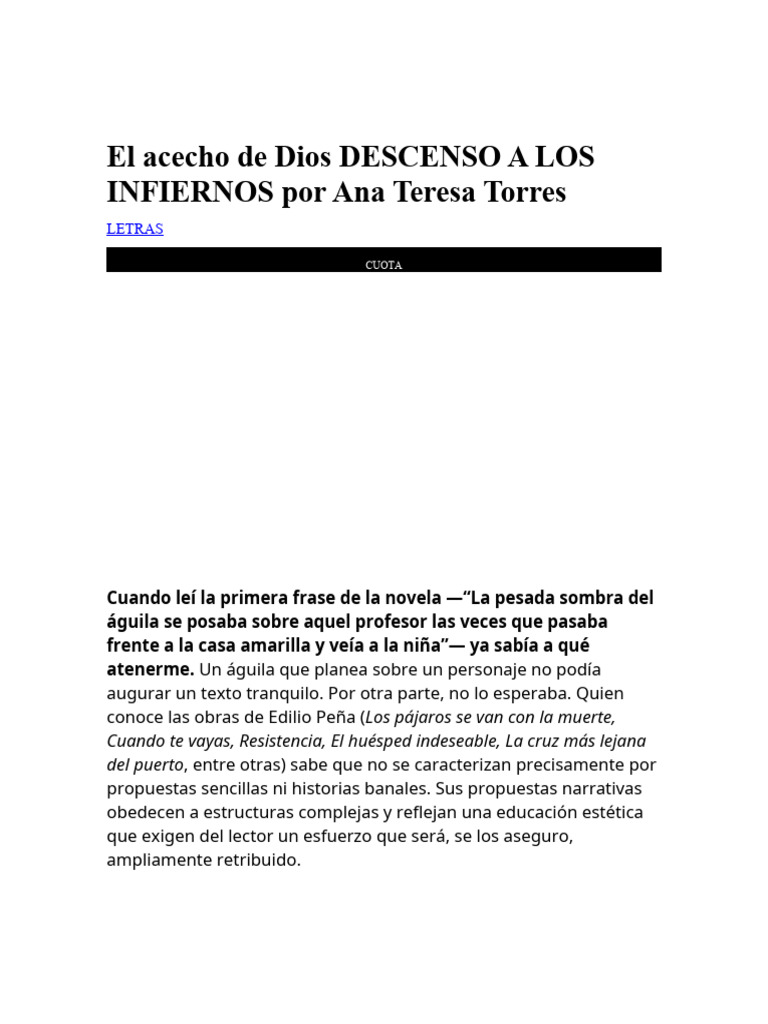 El Acecho de Dios EDILIO PEÑA DESCENSO A LOS INFIERNOS Por Ana Teresa Torres | PDF | Novelas