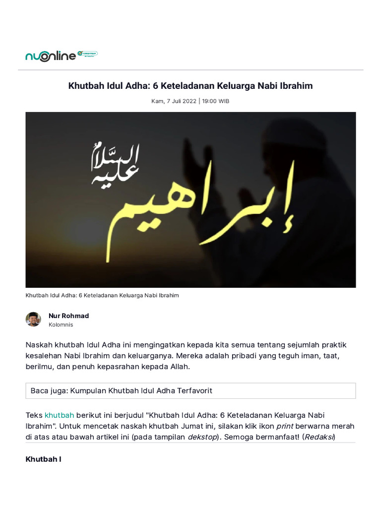 Khutbah Idul Adha - 6 Keteladanan Keluarga Nabi Ibrahim | PDF