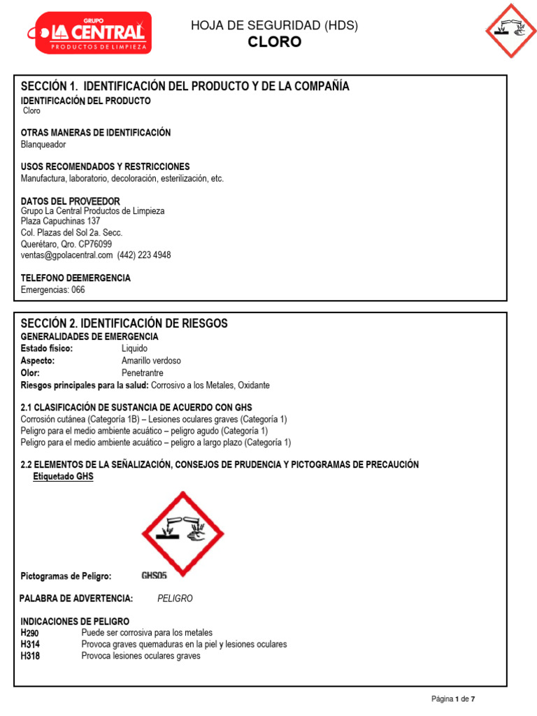 Ficha Cloro - Hoja de Seguridad de Sustancias Químicas Peligrosas | PDF | Agua | Cloro