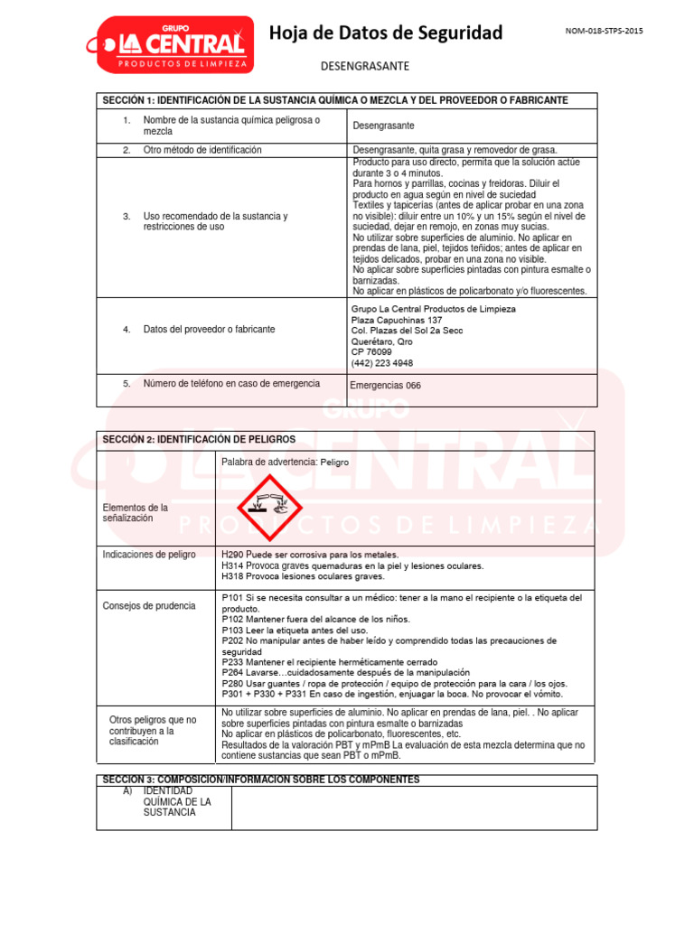 Ficha Desengrasante - Hoja de Seguridad de Sustancias Químicas Peligrosas | PDF | Corrosión ...