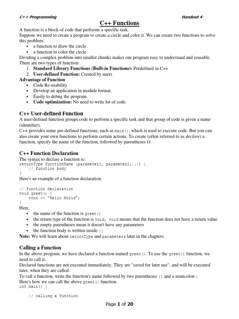 4 C++ Functions - Handout 4.PDF | PDF | Parameter (Computer Programming ... 4 C++ Functions - Handout 4.PDF | PDF | Parameter (Computer Programming ...