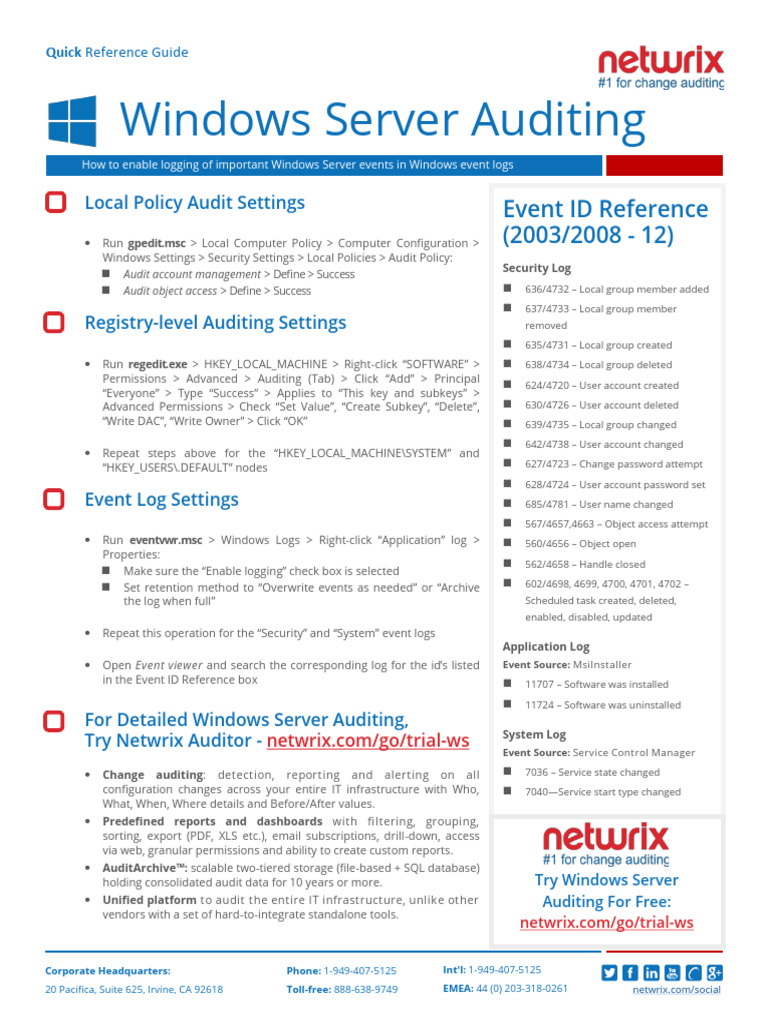 Windows Server Auditing Quick Reference Guide | PDF | Windows Registry | Microsoft Windows